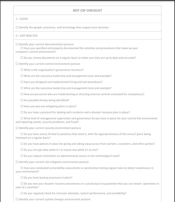 NIST CSF program Audit Checklist - 6 check points
